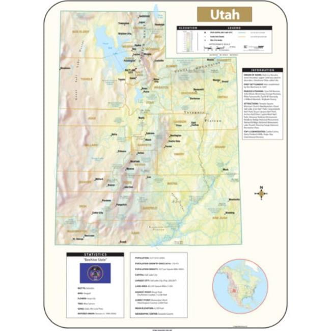 The Map Shop KA-S-UT-SHR-54x72-laminated Utah Shaded Relief State Wall ...