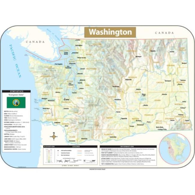 The Map Shop KA-S-WA-SHR-38x28-laminated Washington Shaded Relief State Wall Map, Laminated - 38 ...
