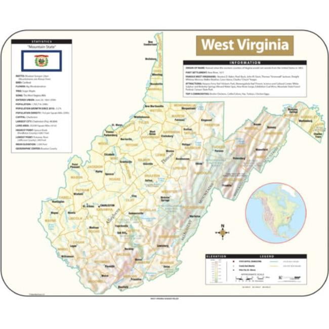 The Map Shop KA-S-WV-SHR-63x52-laminated West Virginia Shaded Relief ...