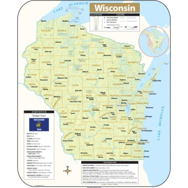 The Map Shop KA-S-WI-SHR-54x65-paper Wisconsin Shaded Relief State Wall ...