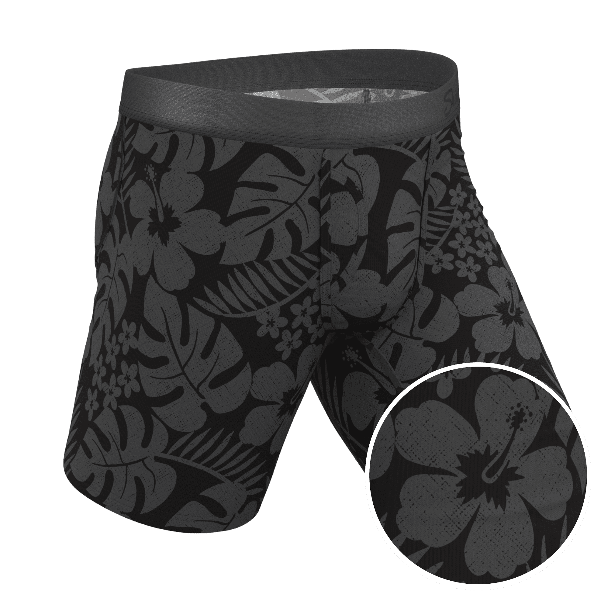 The Midnight Flora - Shinesty Black Tonal Tropical Long Leg Ball Hammock Pouch Underwear With ...