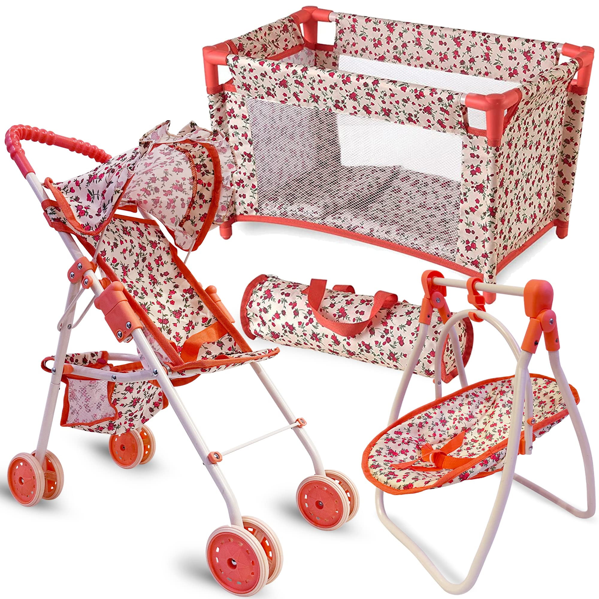 The New York Doll Collection 3-in-1 Baby Doll Playset with Crib, Stroller & Swing, Floral ...
