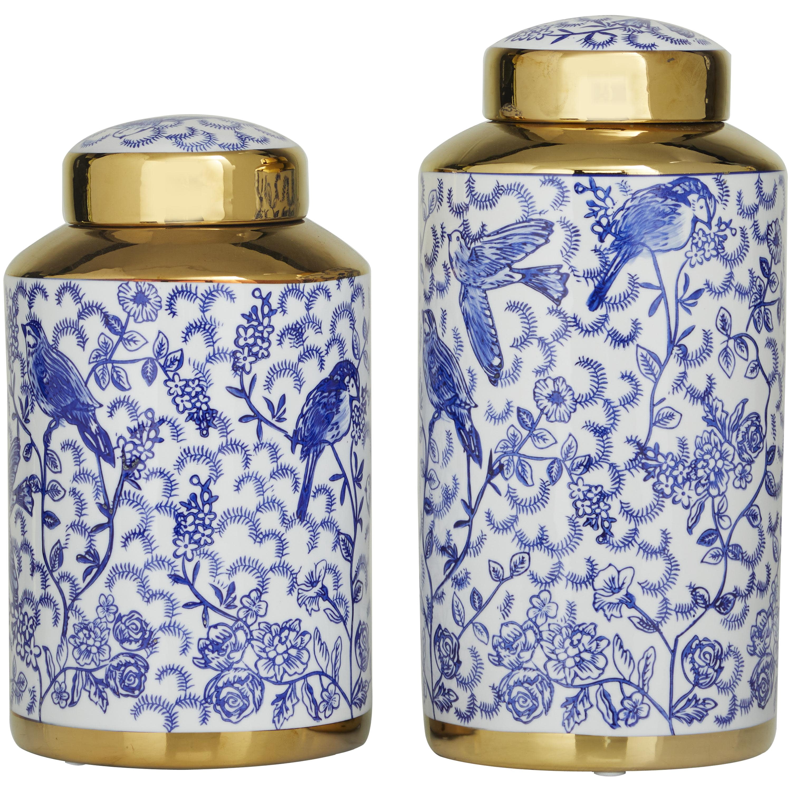DecMode 14", 12"H Blue Ceramic Floral Decorative Jars with Gold Accents ...
