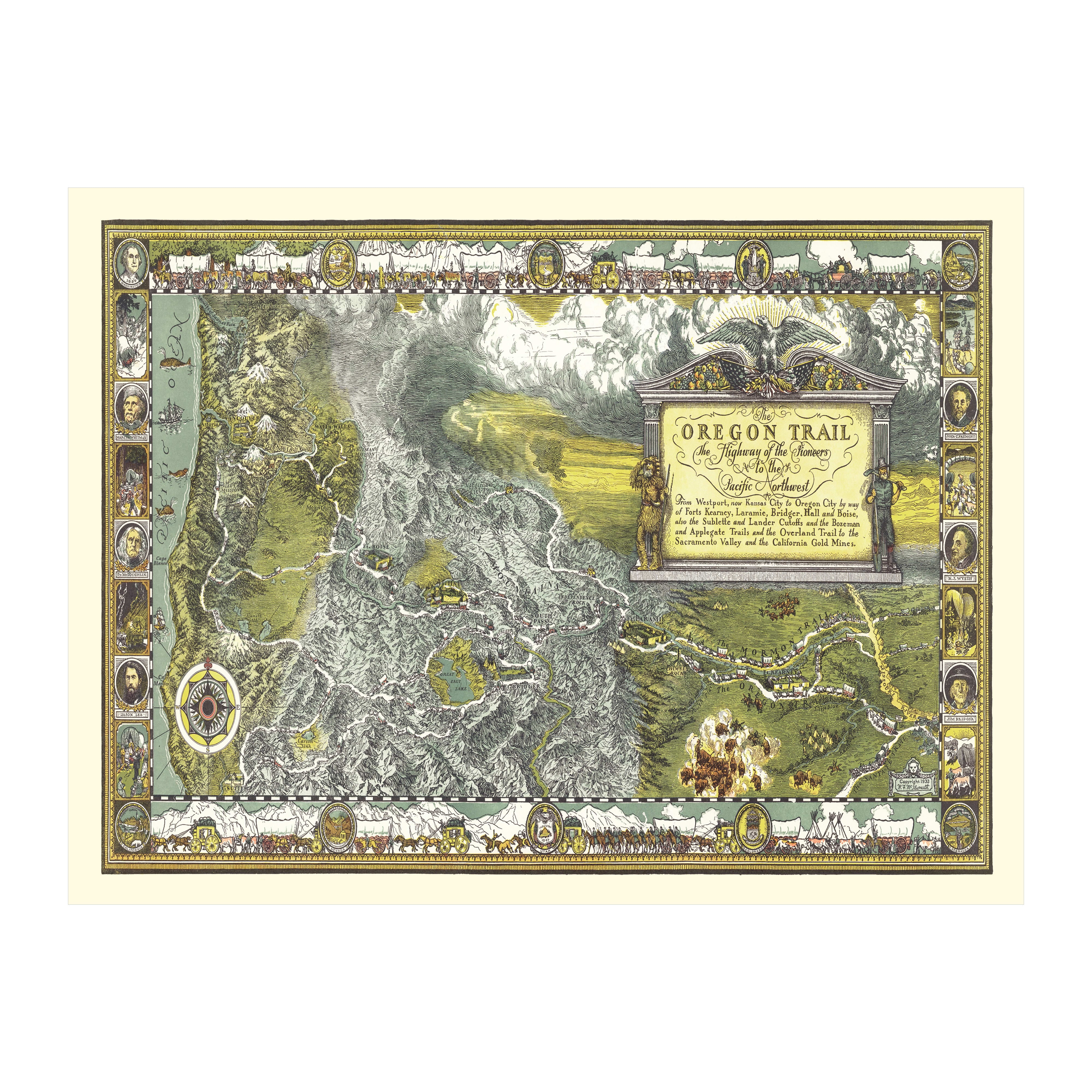 The Oregon Trail Art, 1932 Vintage Map of The Oregon Trail History Wall ...