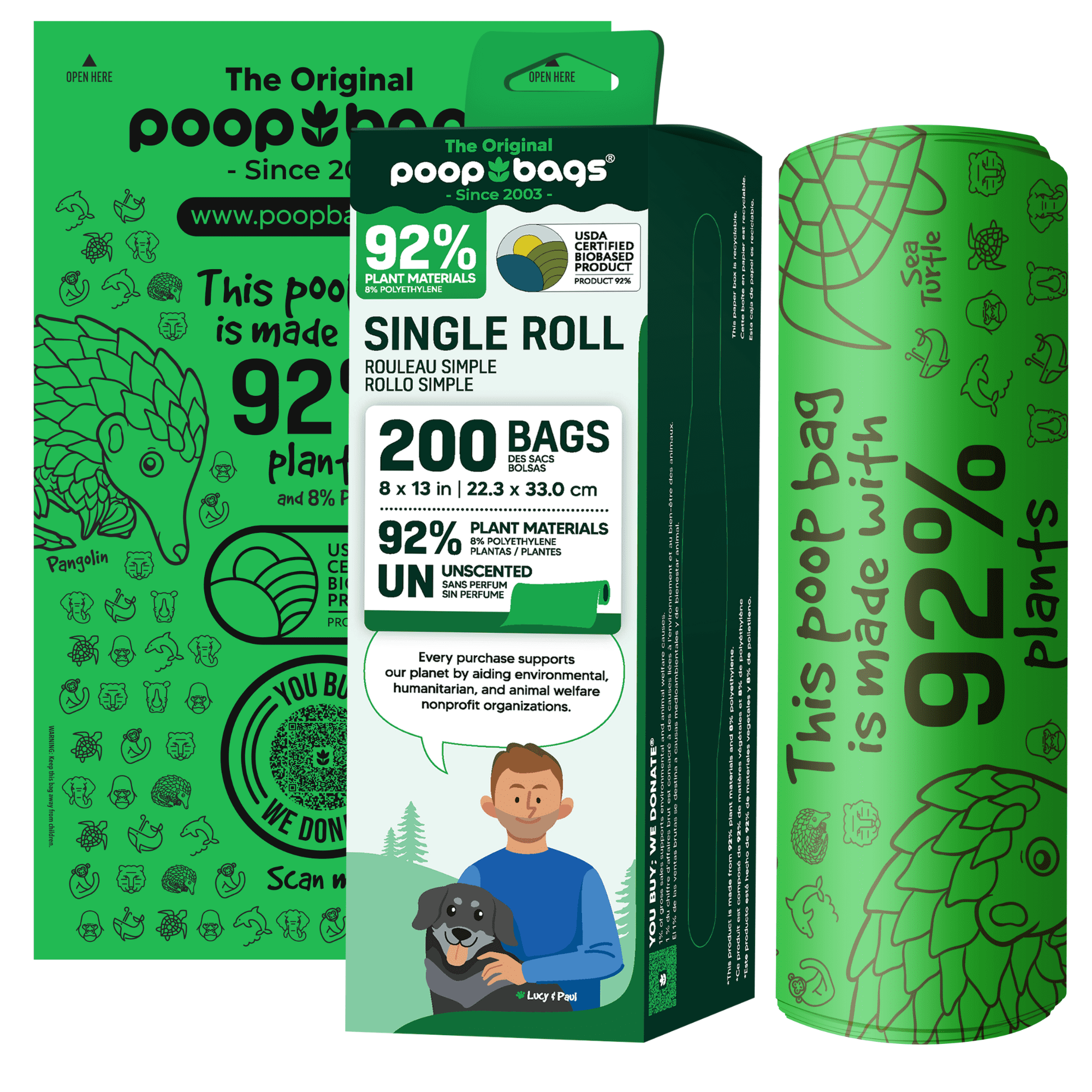 The Original Poop Bags® 200 Count Dog Poop Bags Rolls, 92% Plant Based ...