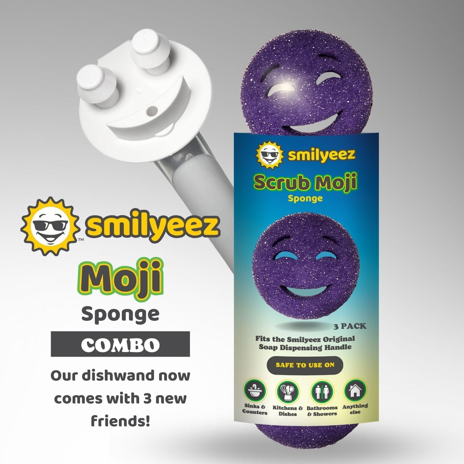 The Original Smiling Sponge Handle With 3 Purple Scrub Moji Sponges ...