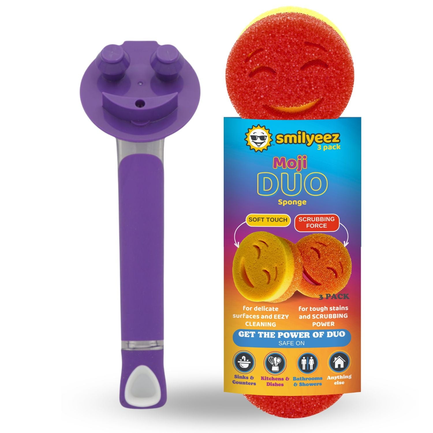 The Original Smiling Sponge Handle With 3 Scrub Moji DUO Sponges ...