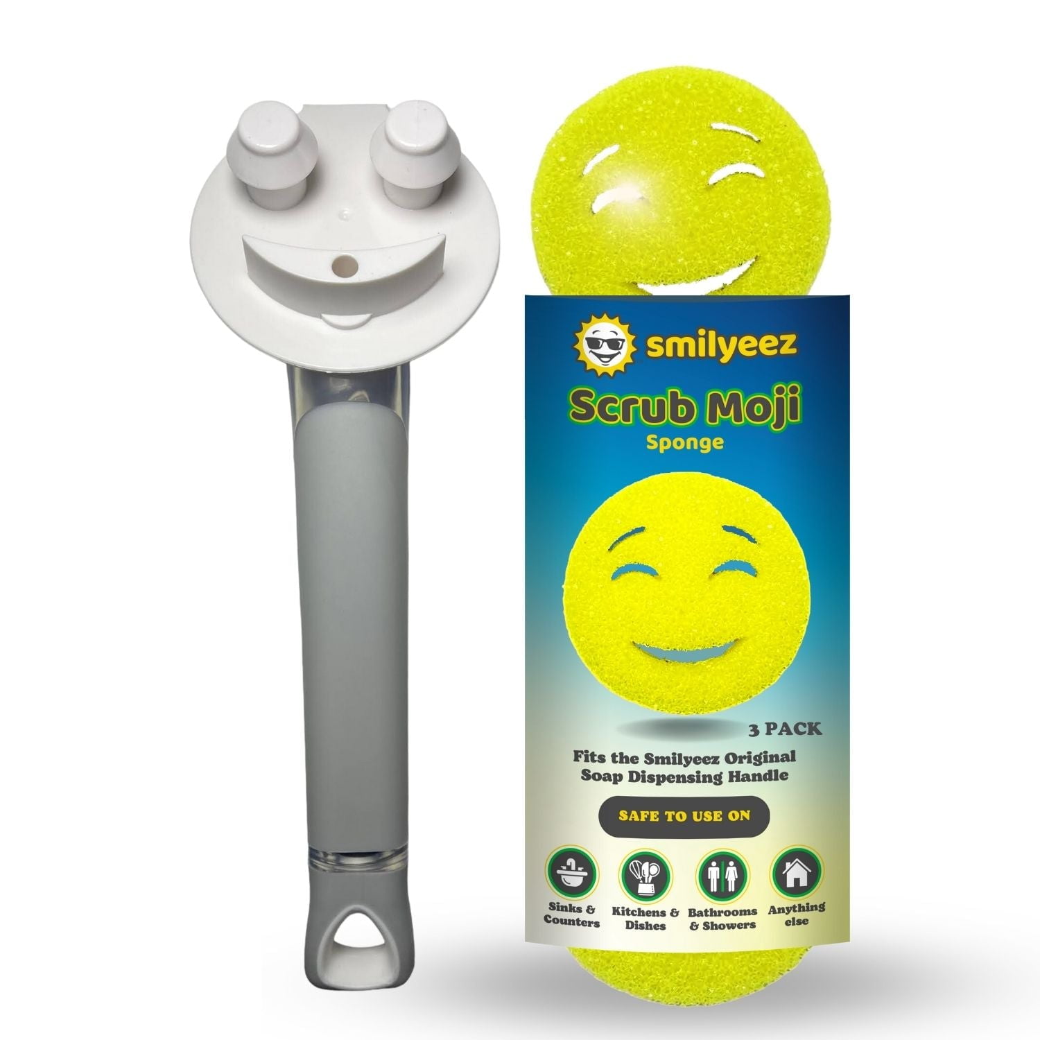 The Original Smiling Sponge Handle With 3 Yellow Scrub Moji Sponges ...