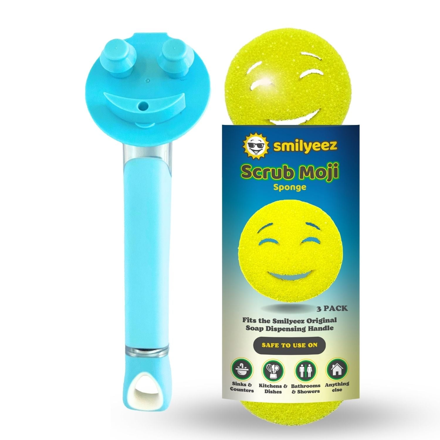 The Original Smiling Sponge Handle With 3 Yellow Scrub Moji Sponges ...