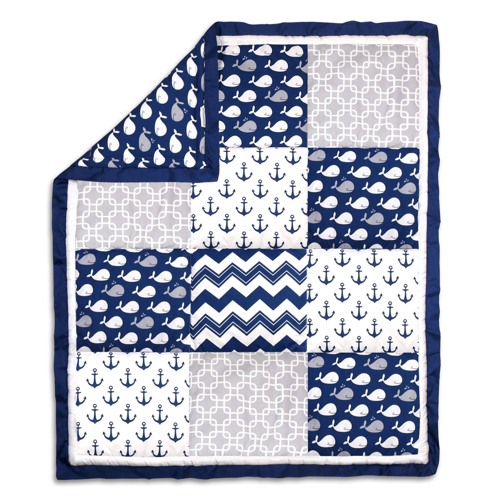 The Peanut Shell Baby Boy Crib Quilt - Nautical Navy Blue Whales and ...
