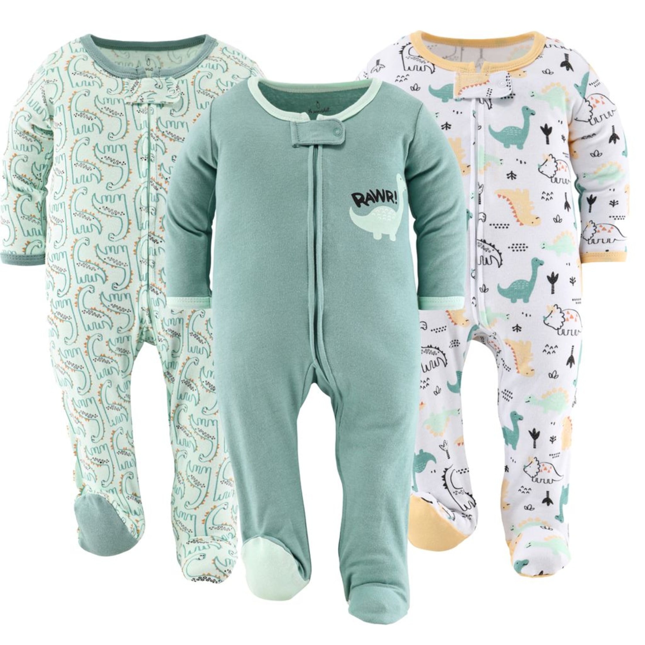 The Peanutshell Sleep n Play Green Dino Footed Pajamas for Baby Boys ...