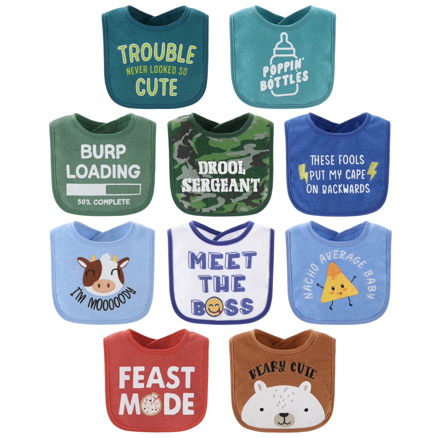The Peanutshell Oh Boy! Terry Baby Bib 10 Pack Set, Feeding, Teething ...