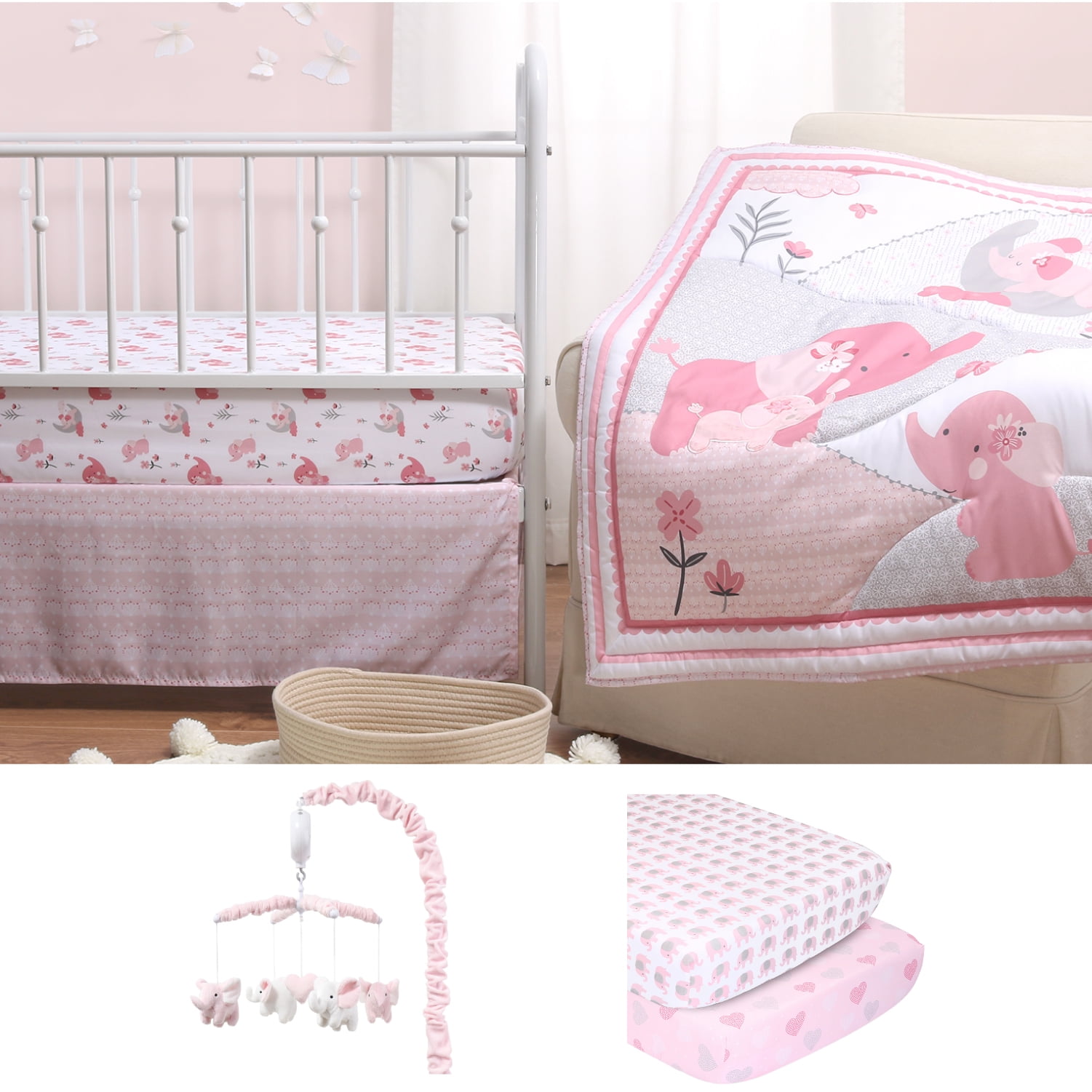 The Peanutshell Pink Elephant 6 Piece Baby Nursery Crib Bedding Set ...