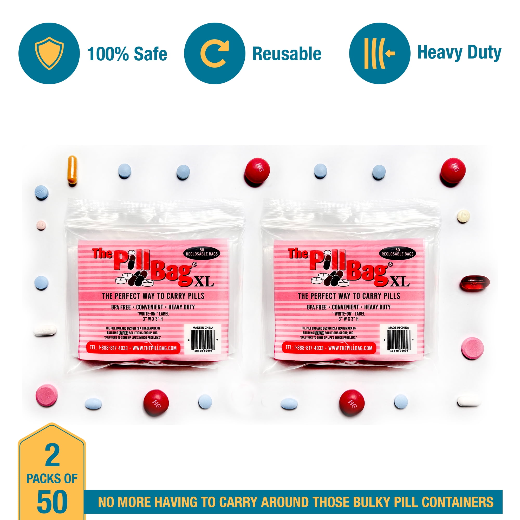 ThePillBag XL | Reusable, Resealable, Small Medicine Pouches, 100 Count ...