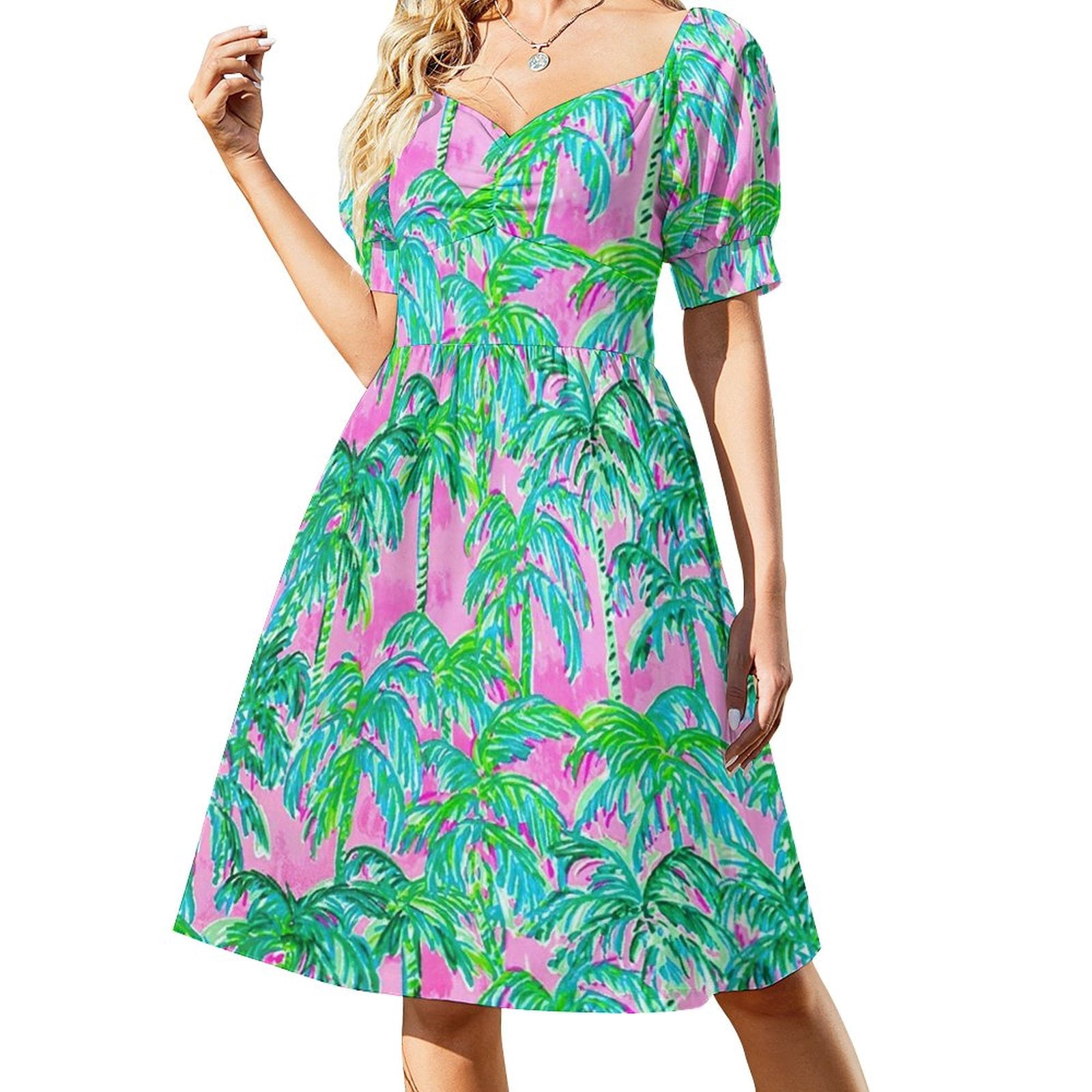 The Pink Green Coconut Trees Sleeveless Dress Prom gown dress women ...