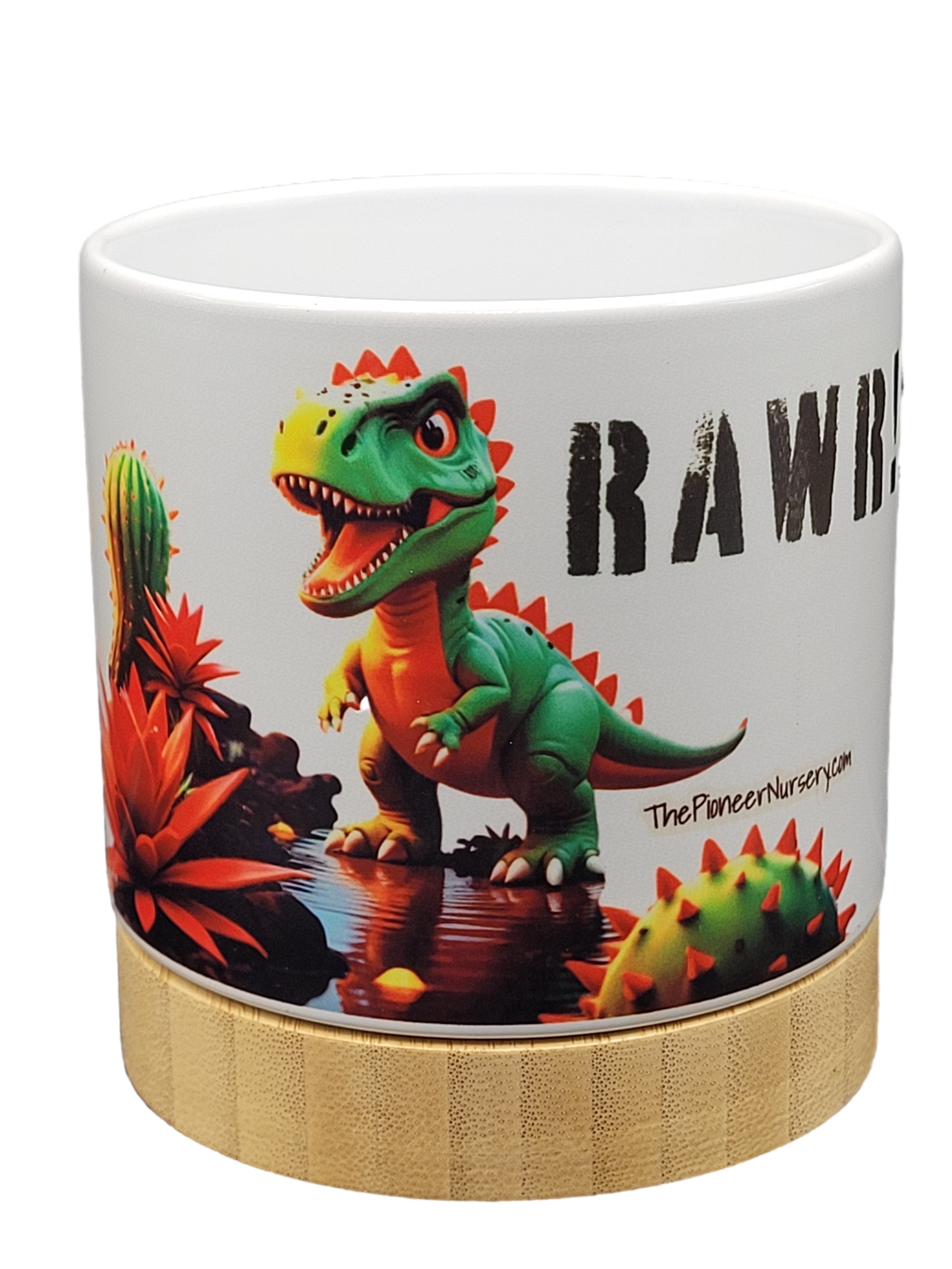 The Pioneer Nursery 4” Ceramic Planter Pot – “RAWR” Dino Design with Bamboo Base & Drainage Hole ...