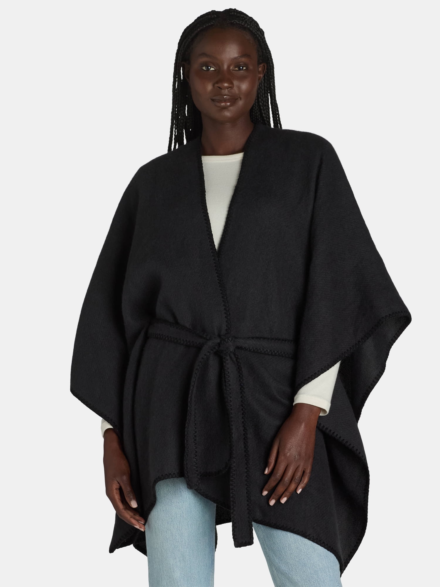 The Pioneer Woman Whipstitch Wrap Ruana with Belt Layering Piece, Black ...