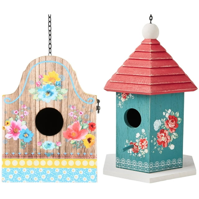 The Pioneer Woman Breezy Blossom Wood Birdhouse and Vintage Floral Wood ...