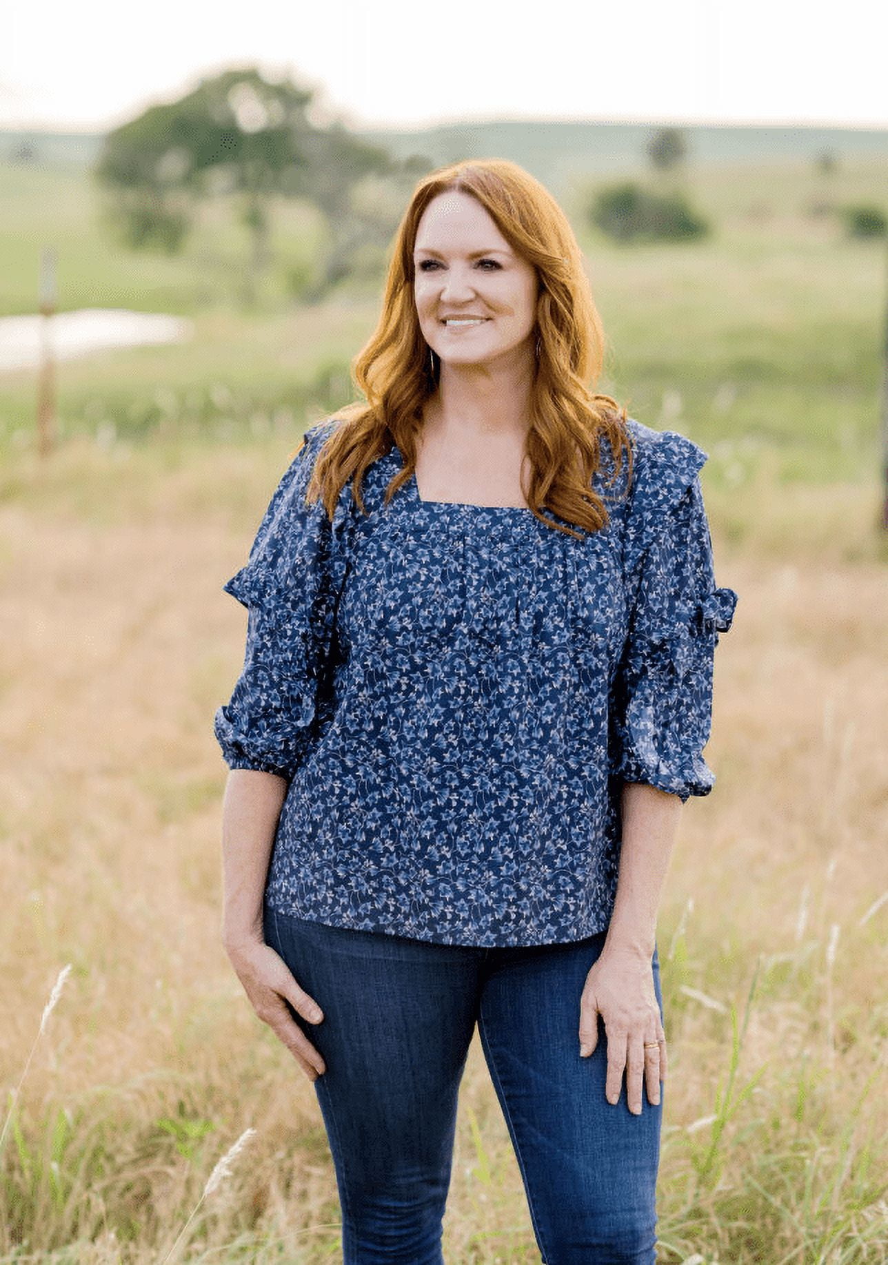 The Pioneer Woman Cotton Square Neck Blouse with Ruffle Sleeves, Women ...