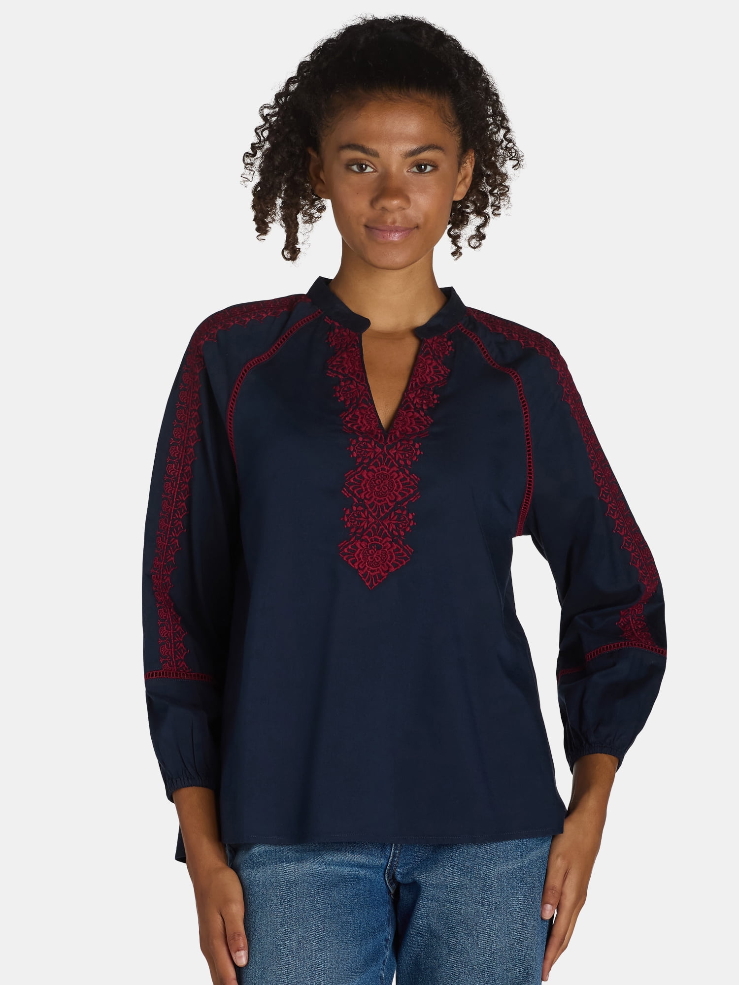 The Pioneer Woman Embroidered Blouse, Women’s Plus Sizes XS-3X, Boho V ...
