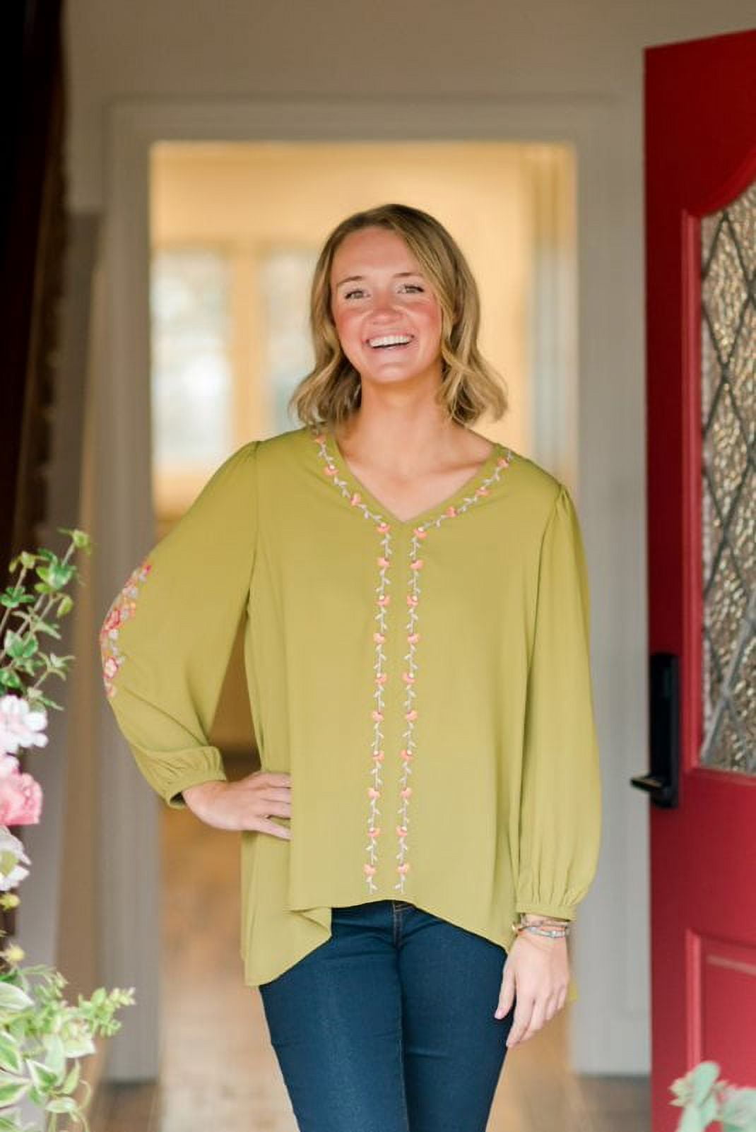 The Pioneer Woman Embroidered Sleeve Sharkbite Blouse, Women's, Sizes ...