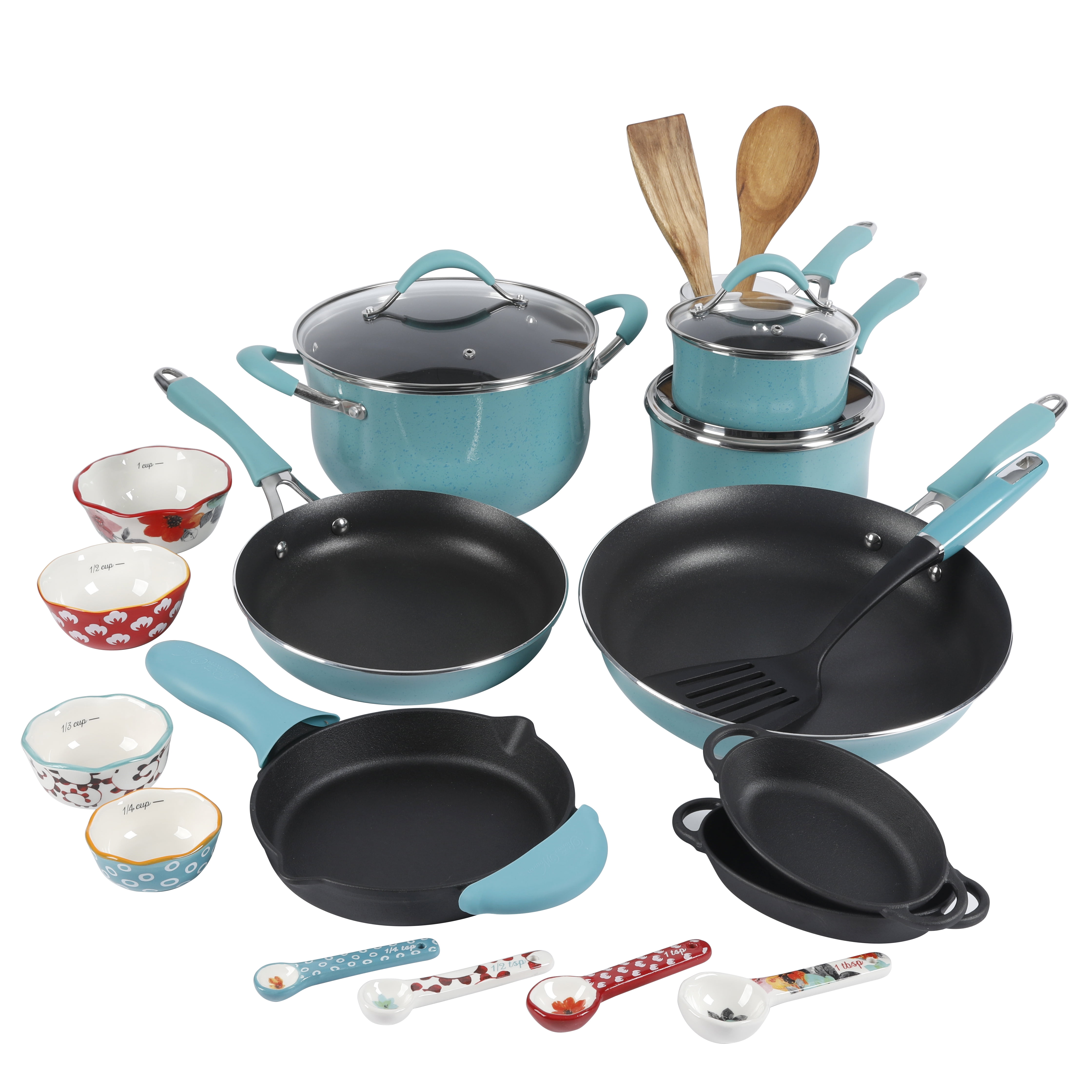 Open Box The Pioneer Woman Frontier Speckle 24-Piece Nonstick Cookware Set with Soft Grip ...