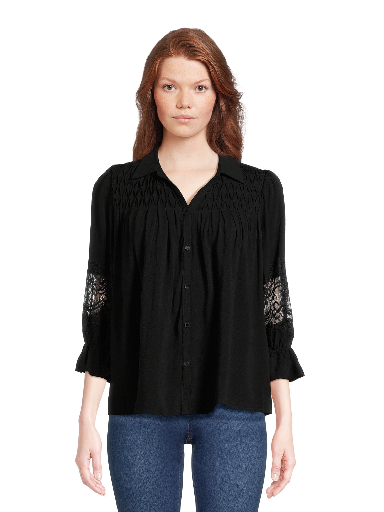 The Pioneer Woman Lace Inset Button Up Top, Women's - Walmart.com