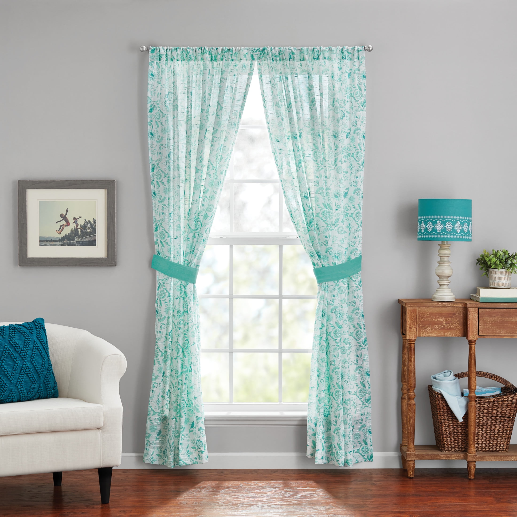 The Pioneer Woman Maize Sheer Curtain Panel, Teal, 1 Panel, 50"W x 84"L ...