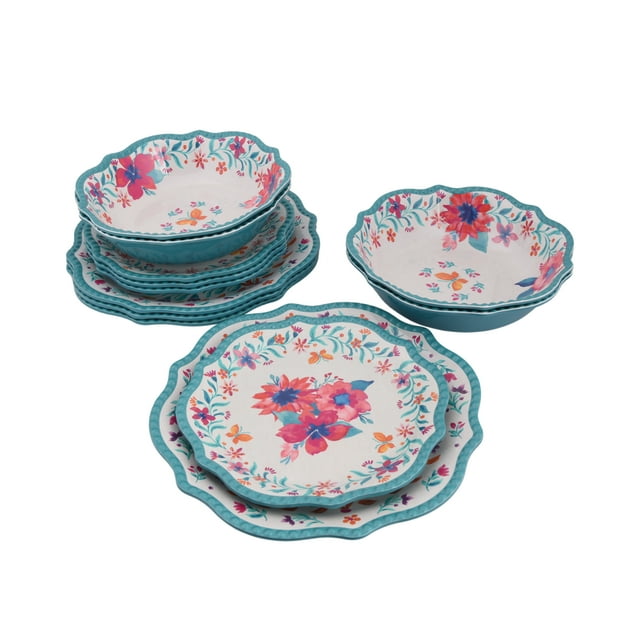 The Pioneer Woman Melamine Folk Geo 12-Piece Dinnerware Set, Teal ...
