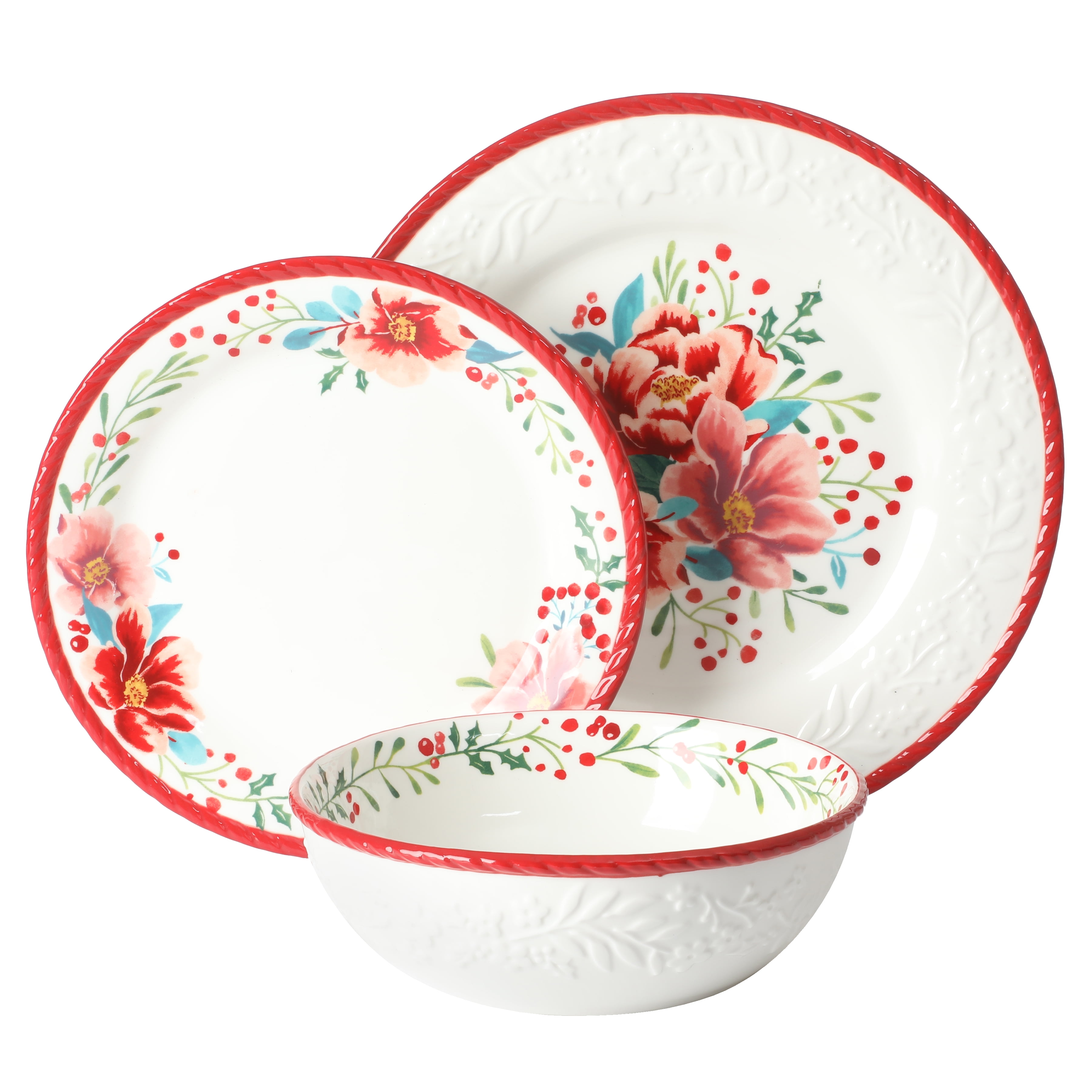 The Pioneer Woman Merry Meadow Red 12-Piece Stoneware Dinnerware Set ...