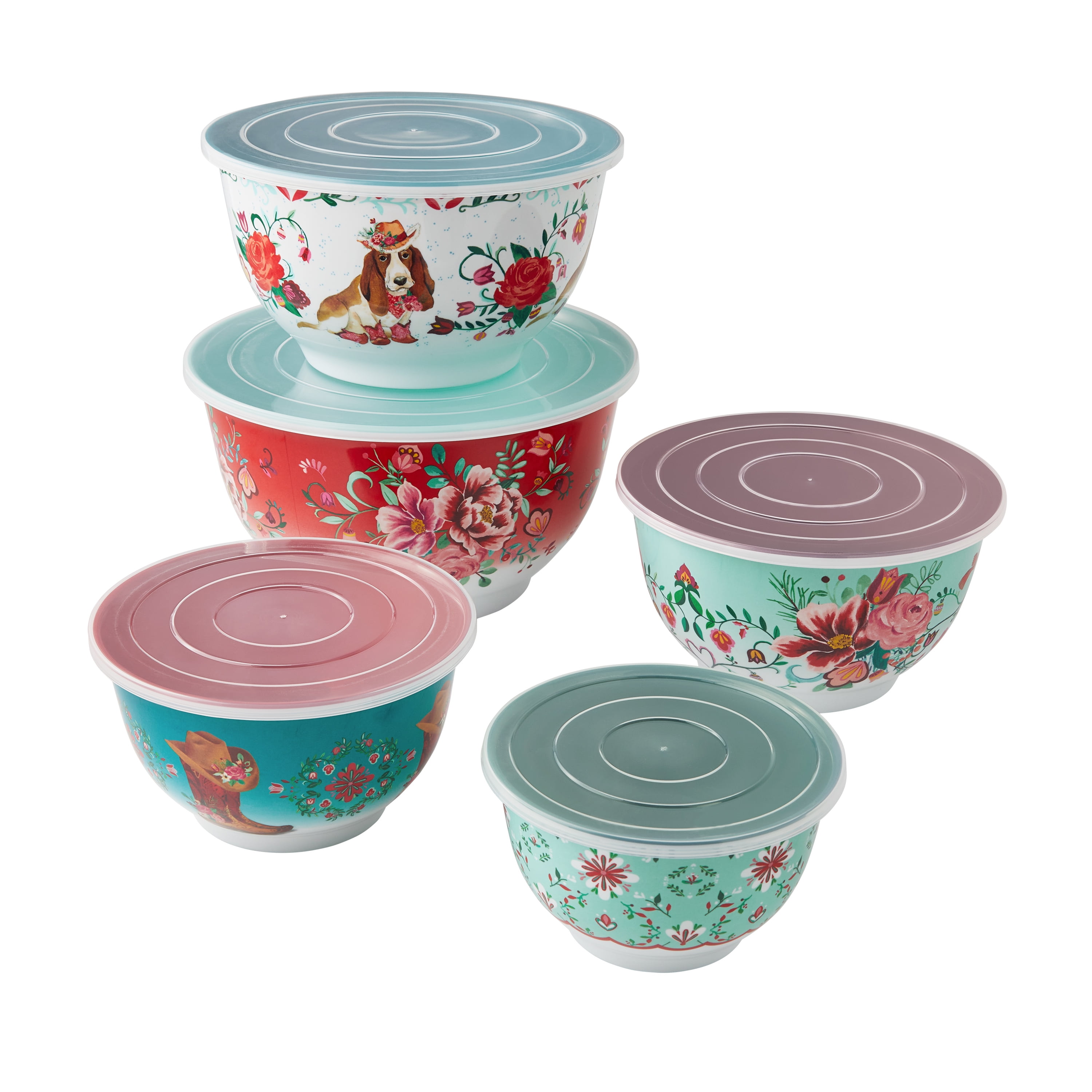The Pioneer Woman Merry Meadows 10-Piece Melamine Mixing Bowl Set with ...