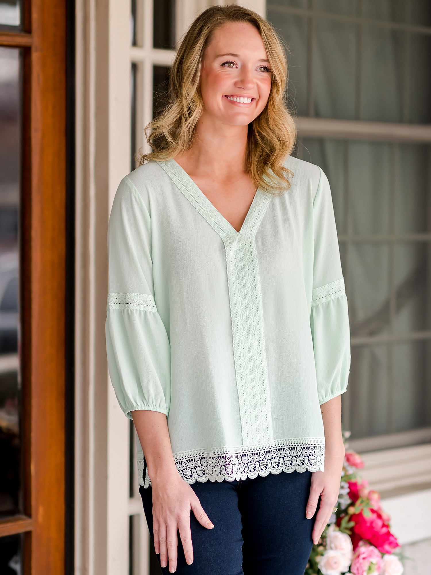 The Pioneer Woman Peasant Blouse with Crochet Trim - Walmart.com