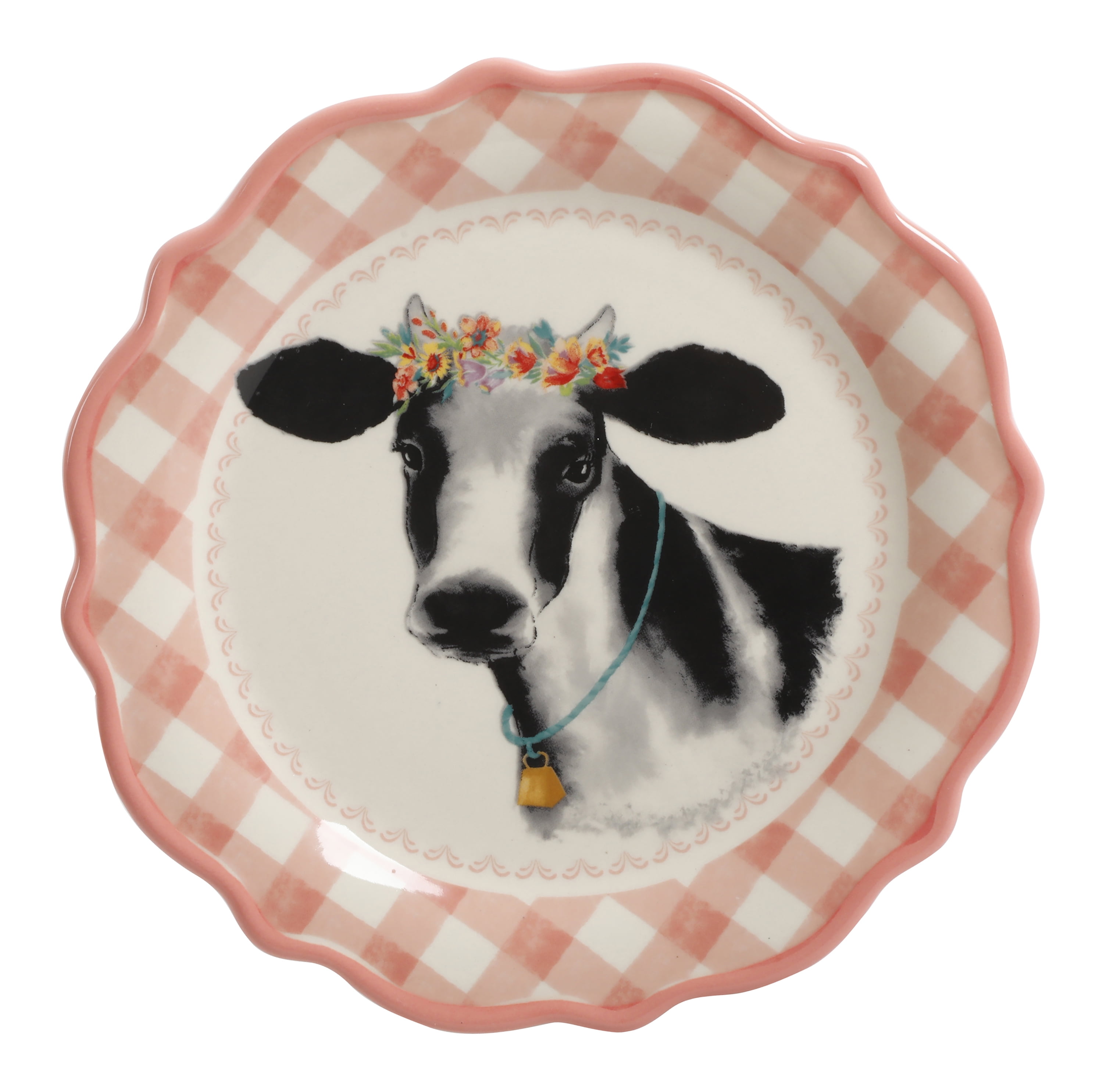 The Pioneer Woman Pink Gingham Black White Cow Decal Ceramic Appetizer ...