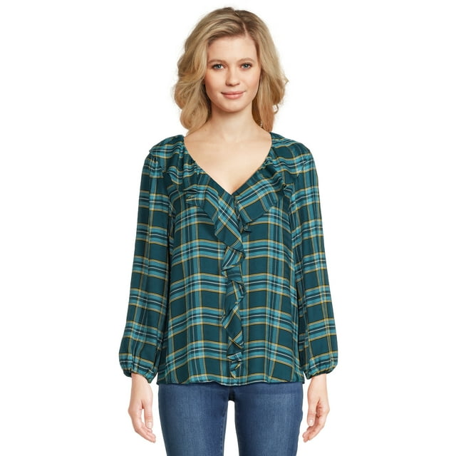 The Pioneer Woman Plaid Ruffle Blouse with Long Sleeves, Women's, Sizes ...