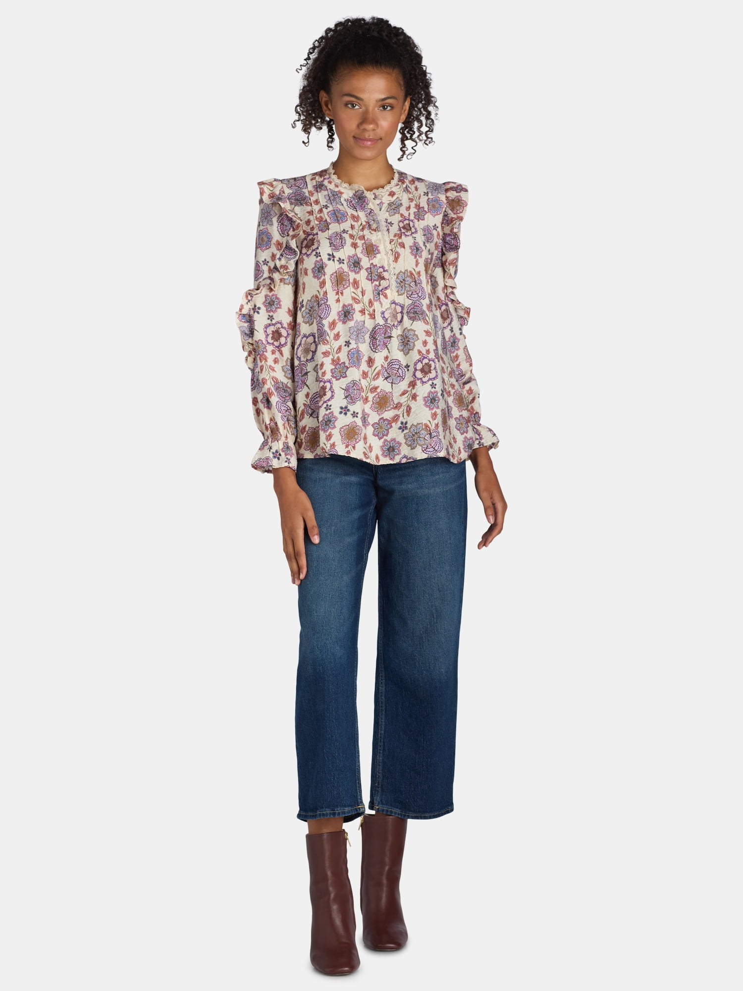 The Pioneer Woman Pleated Ruffle Blouse, Women’s, Sizes S-3X - Walmart.com