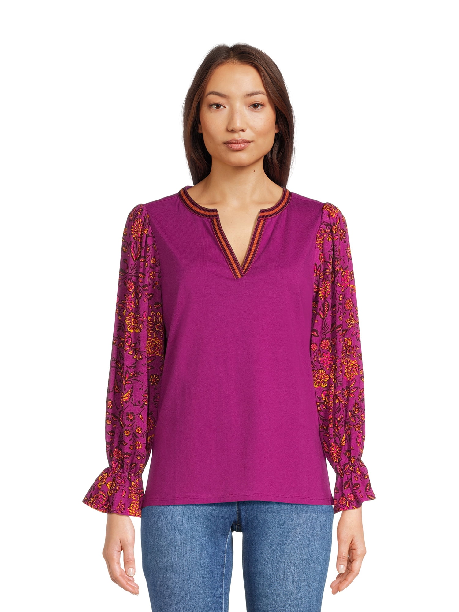 The Pioneer Woman Print Sleeve Split Neck Top, Women's - Walmart.com