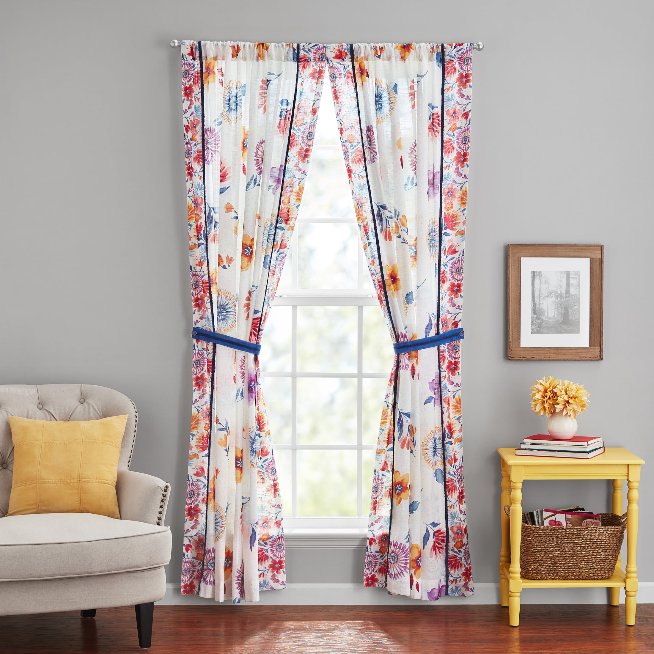 The Pioneer Woman Sheer Cotton Curtain Panel, Floral,1 Panel, 50"W x 84 ...