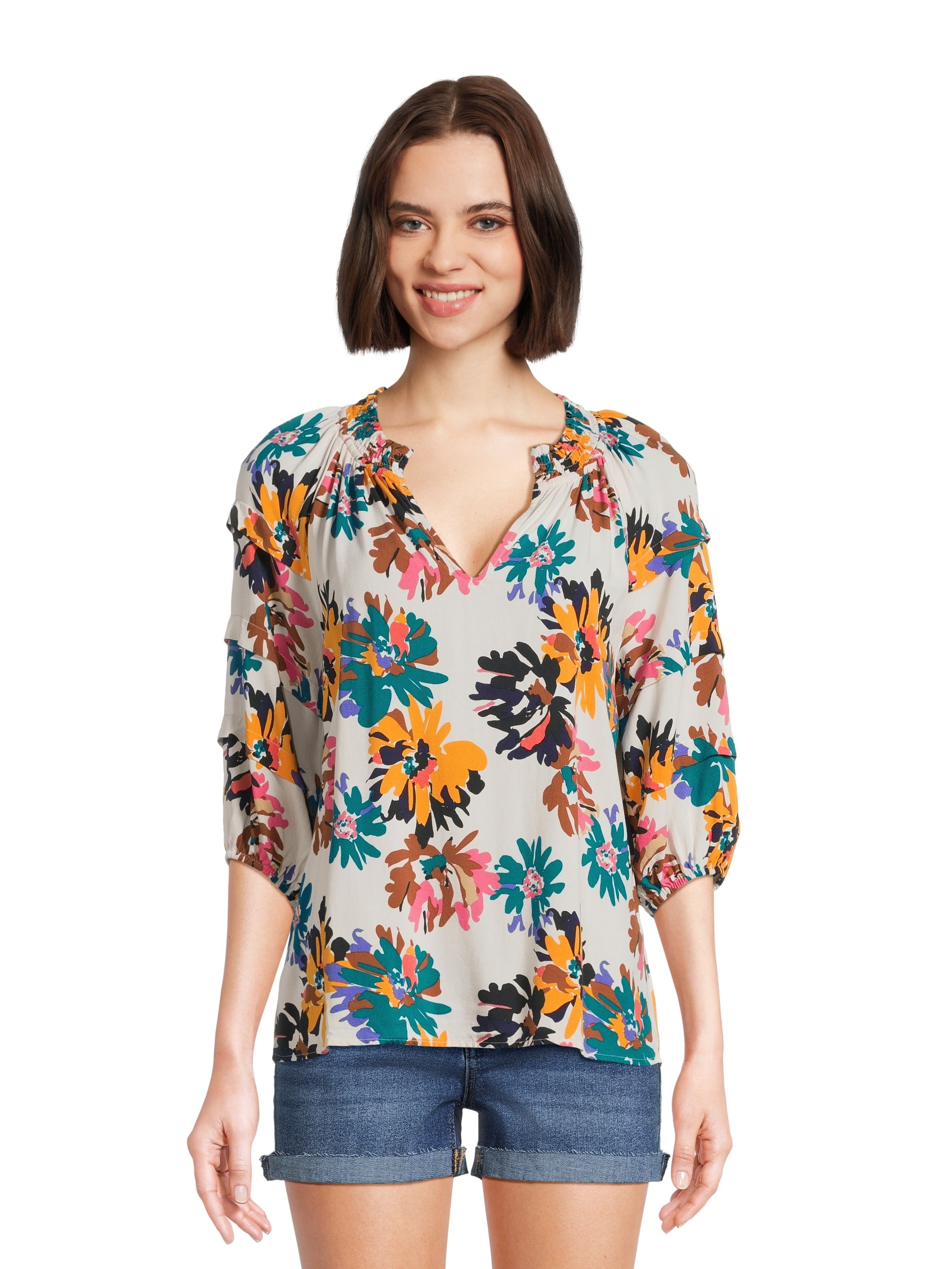 The Pioneer Woman Smocked Collar Peasant Blouse with 3/4-Length Sleeves ...