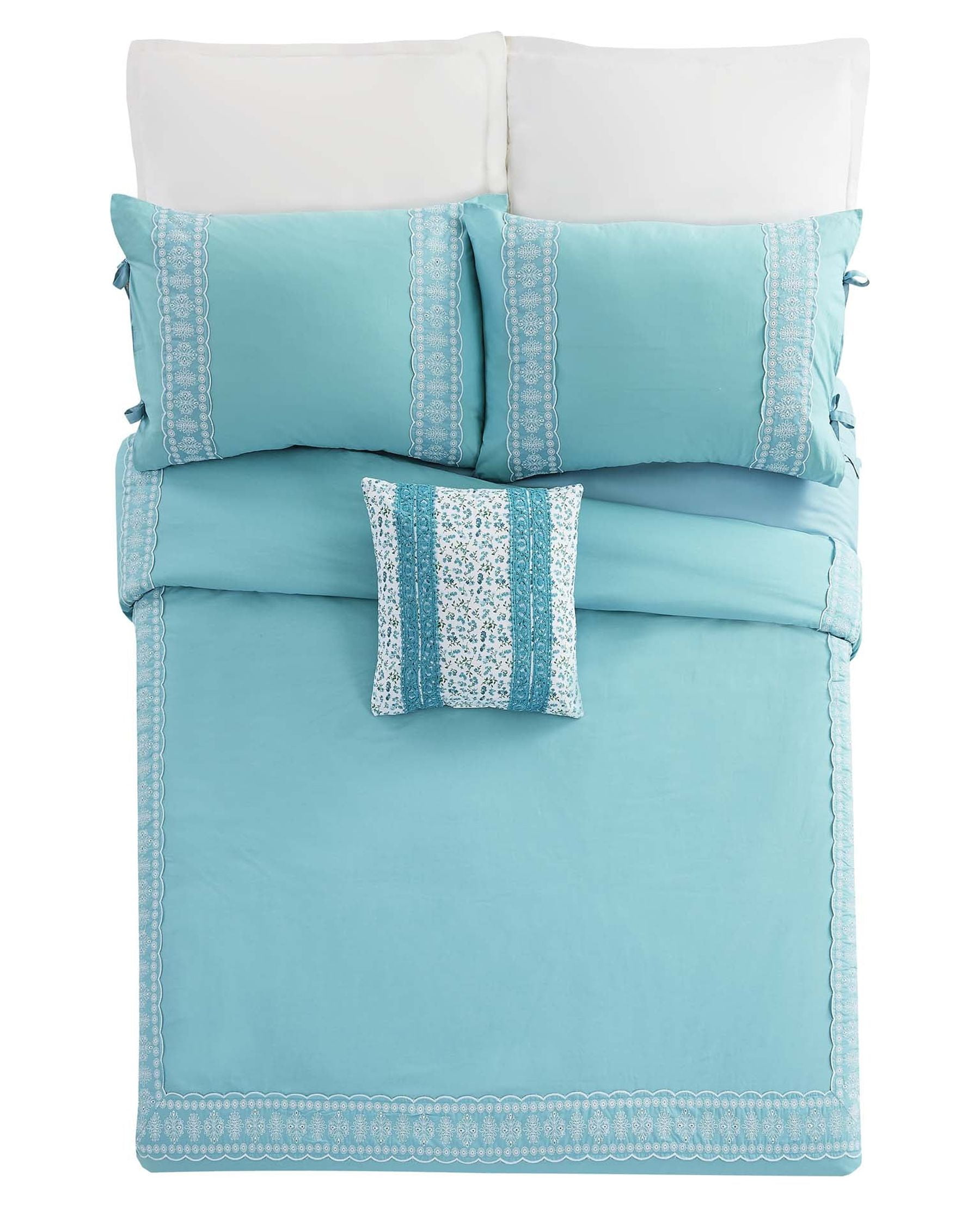 The Pioneer Woman Teal Cotton Eyelet 4 Piece Comforter Set, Full ...