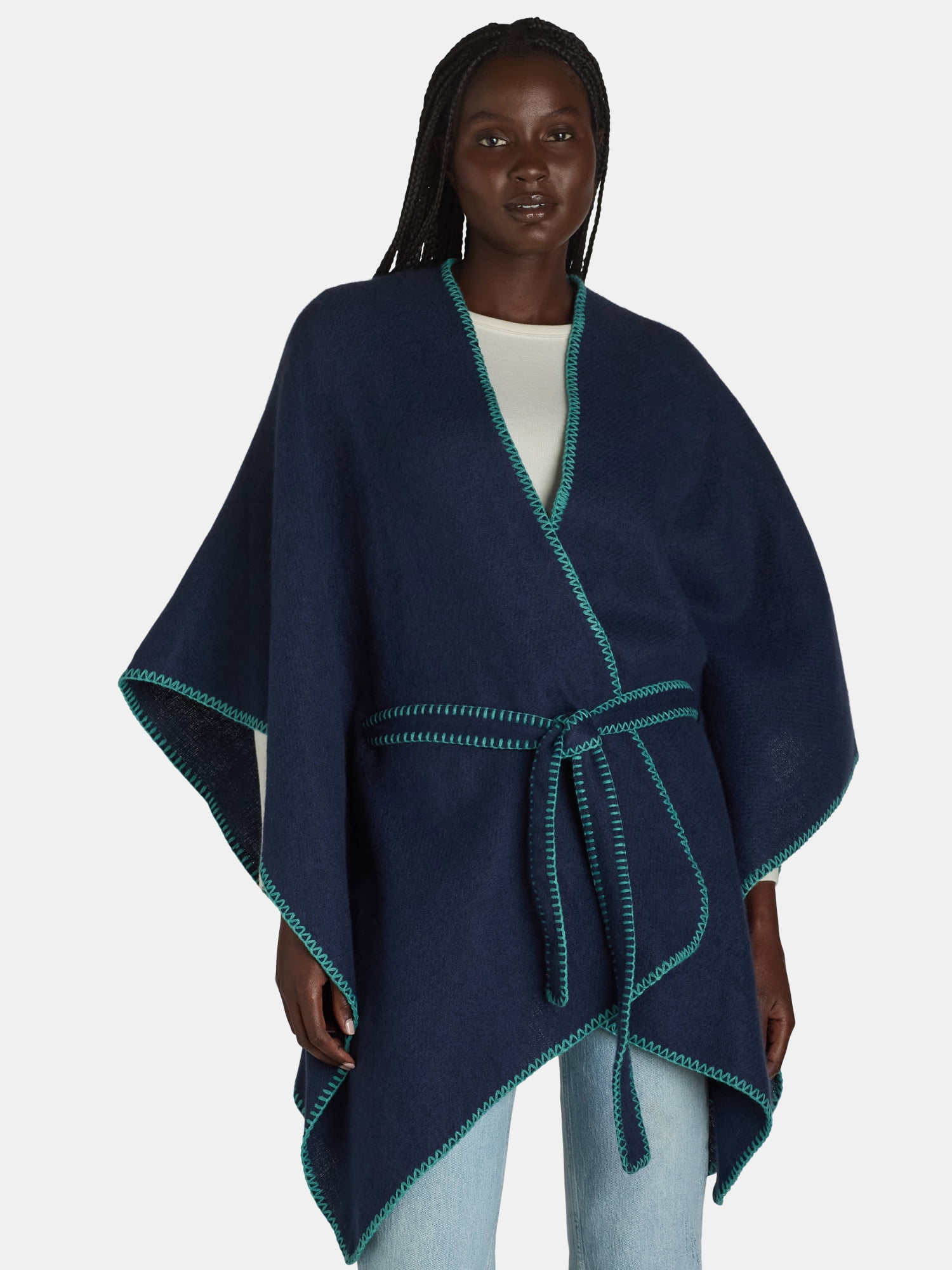 The Pioneer Woman Whipstitch Wrap Ruana with Belt Layering Piece, Navy ...