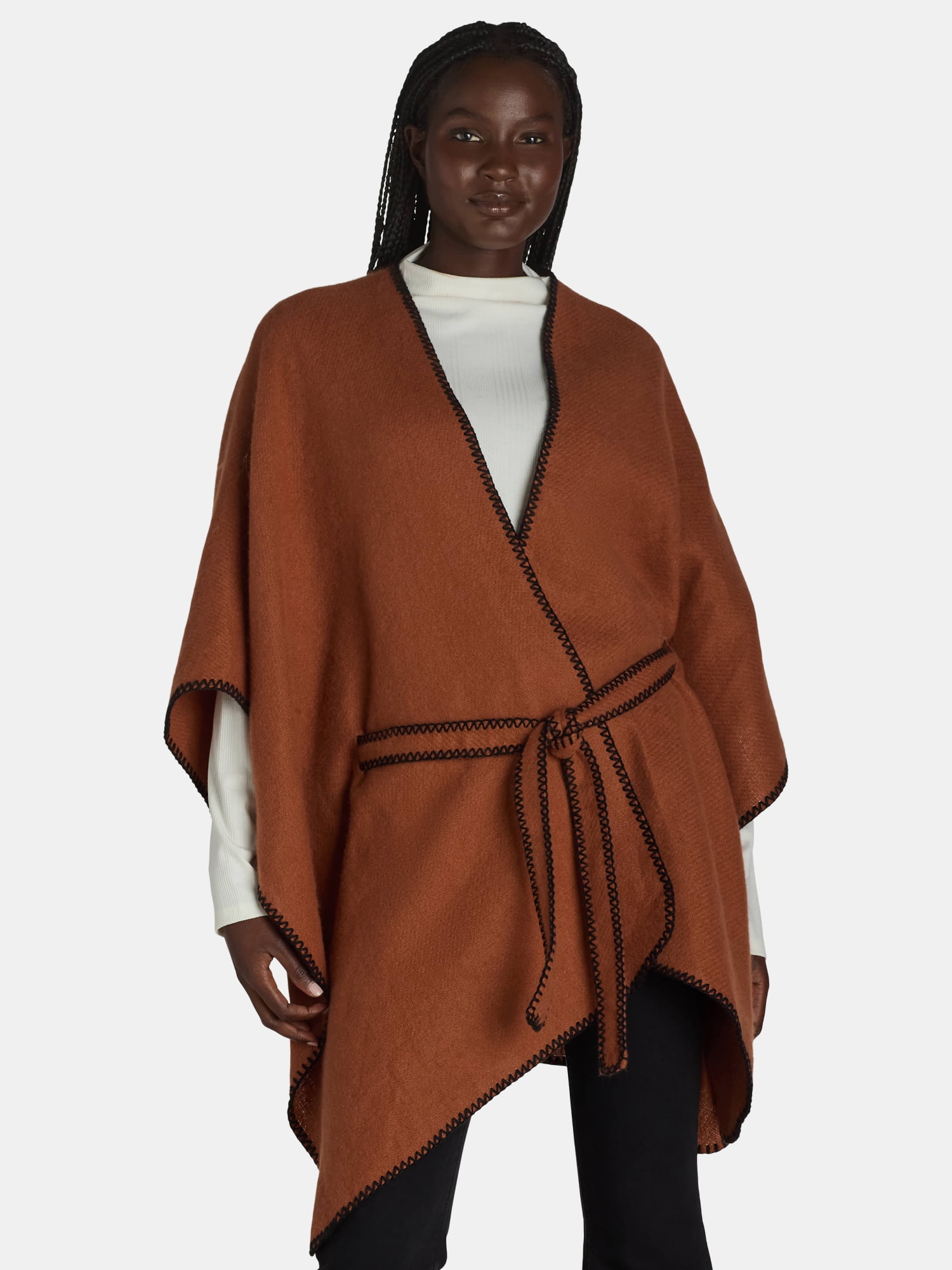 The Pioneer Woman Whipstitch Wrap Ruana with Belt Layering Piece, Cognac Black Beauty - Walmart.com