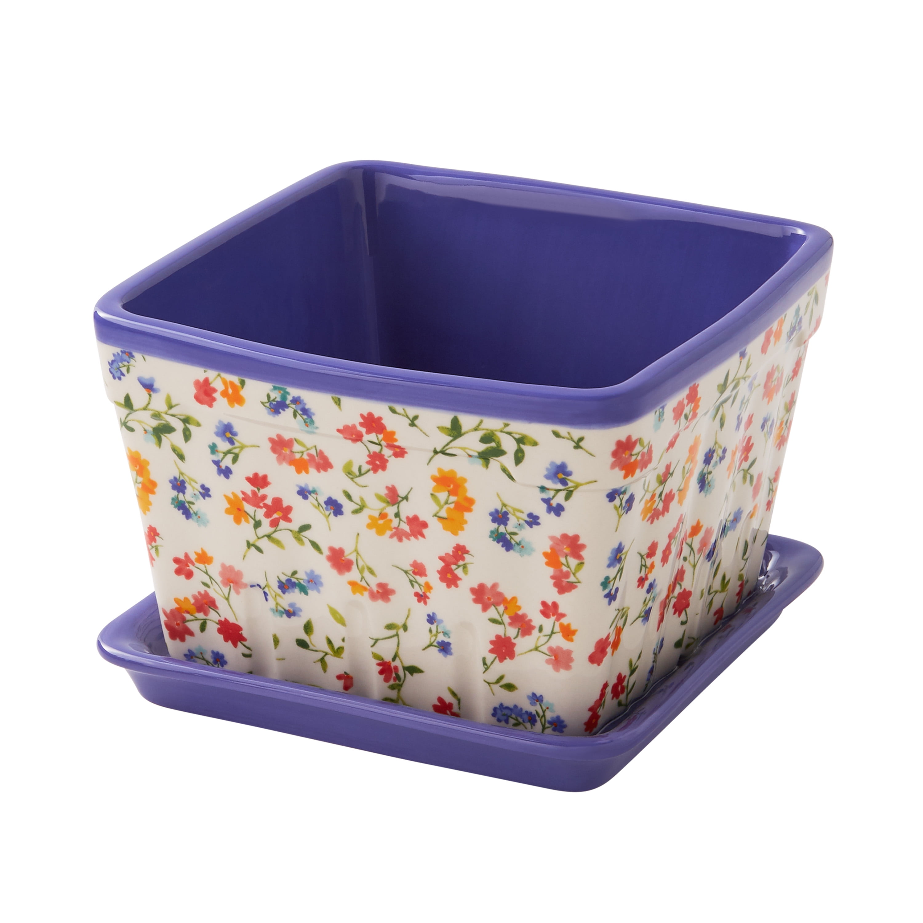 The Pioneer Woman Wild Flower Toss 6" Square Ceramic Planter, Blue ...