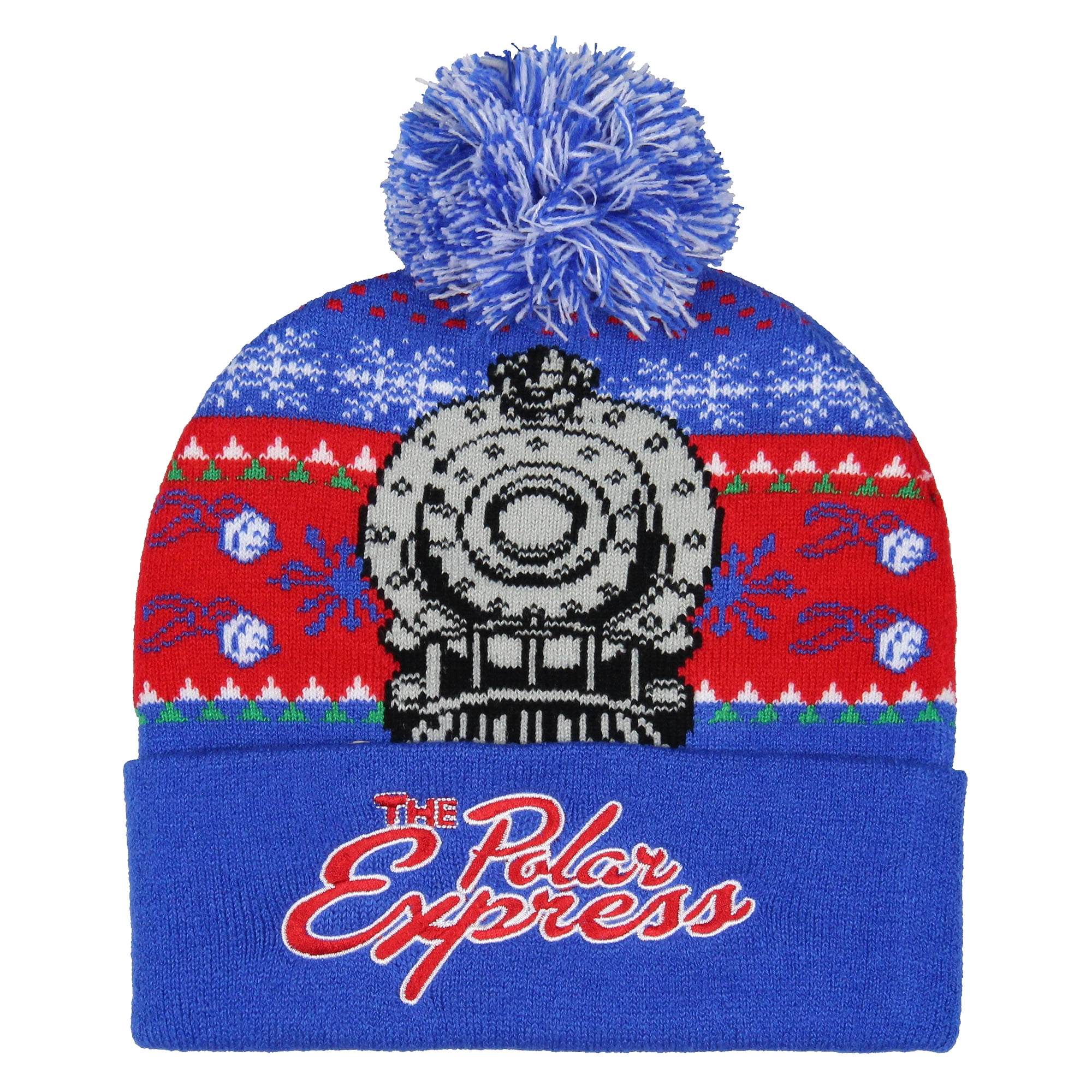 The Polar Express Beanie Men's Locomotive Fair Isle Logo Fold Cuff Pom ...