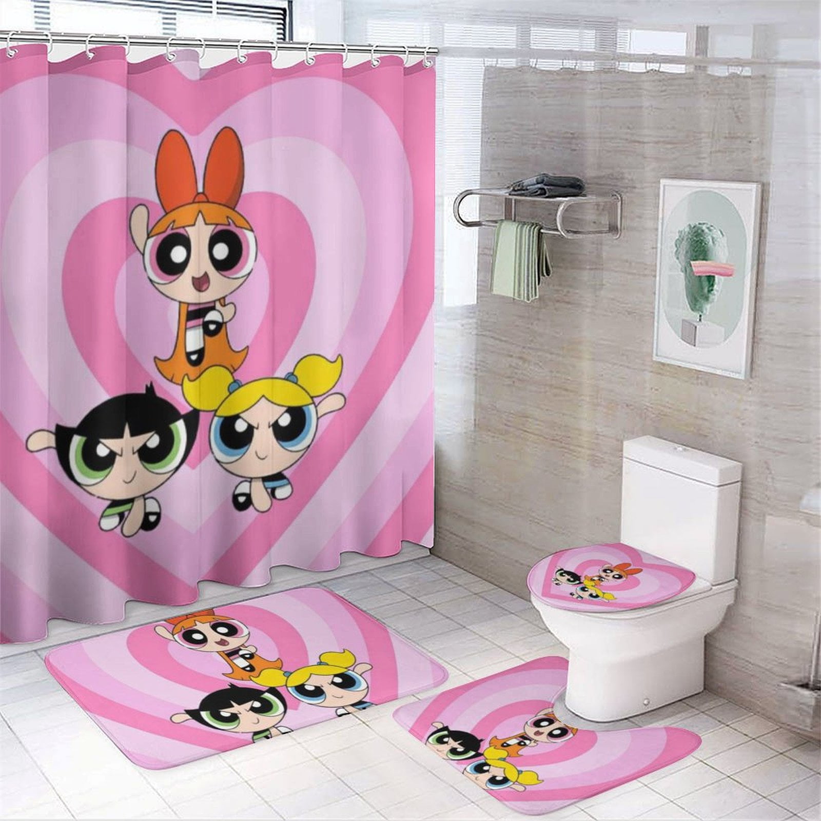 The Powerpuff Girls 4 Pcs Bathroom Shower Curtain Set with Rugs(Bath ...