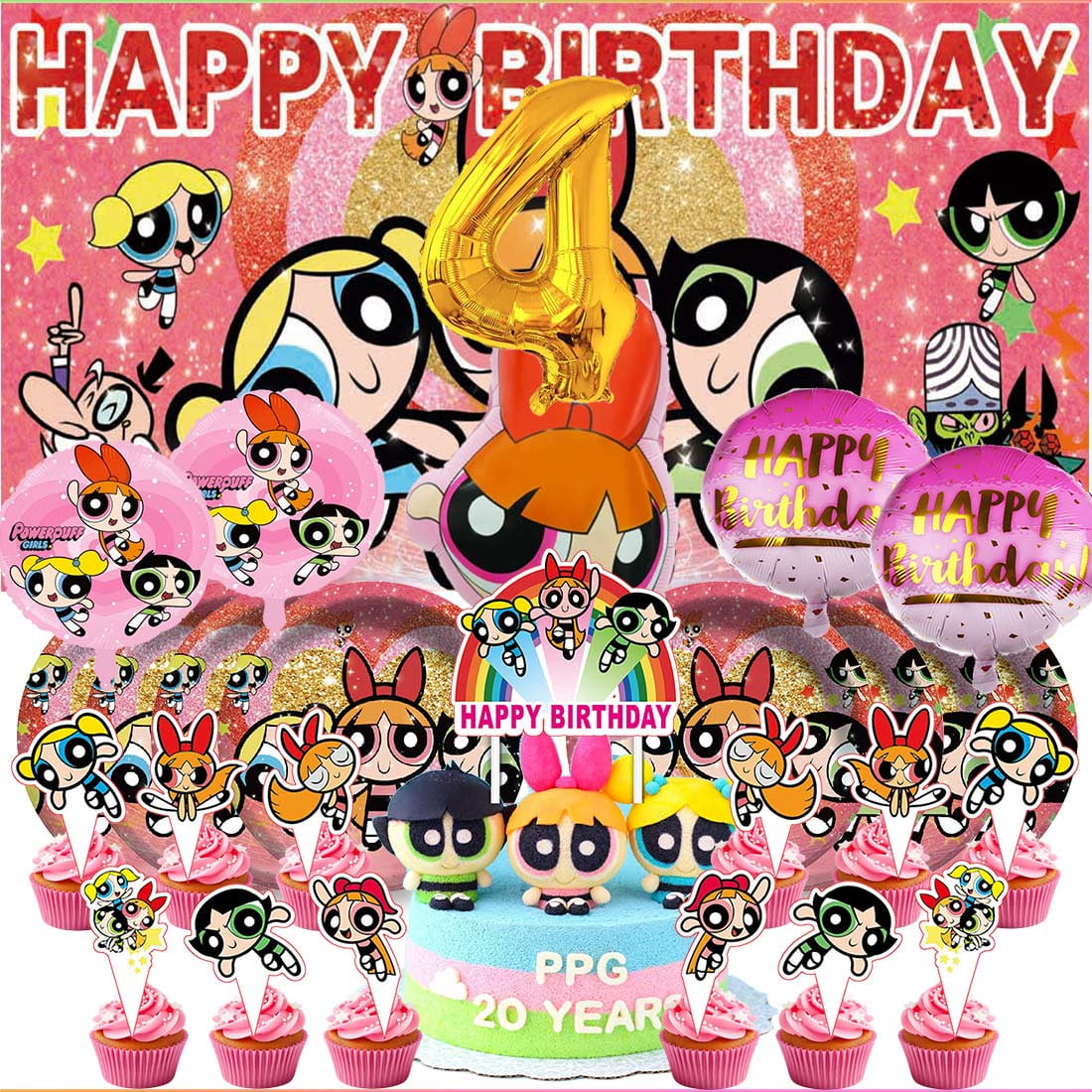 The Powerpuff Girls 4th Tableware Balloons Cake Toppers Backdrop Banner ...