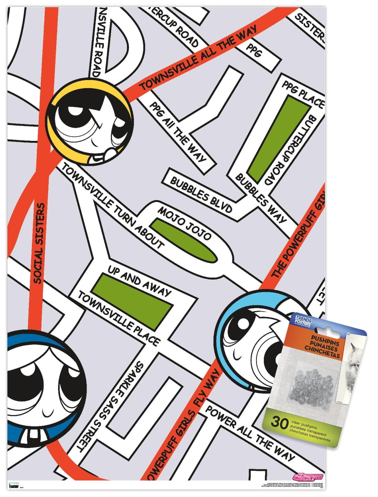 The Powerpuff Girls - Group Map Wall Poster with Pushpins, 14.725" x 22 ...