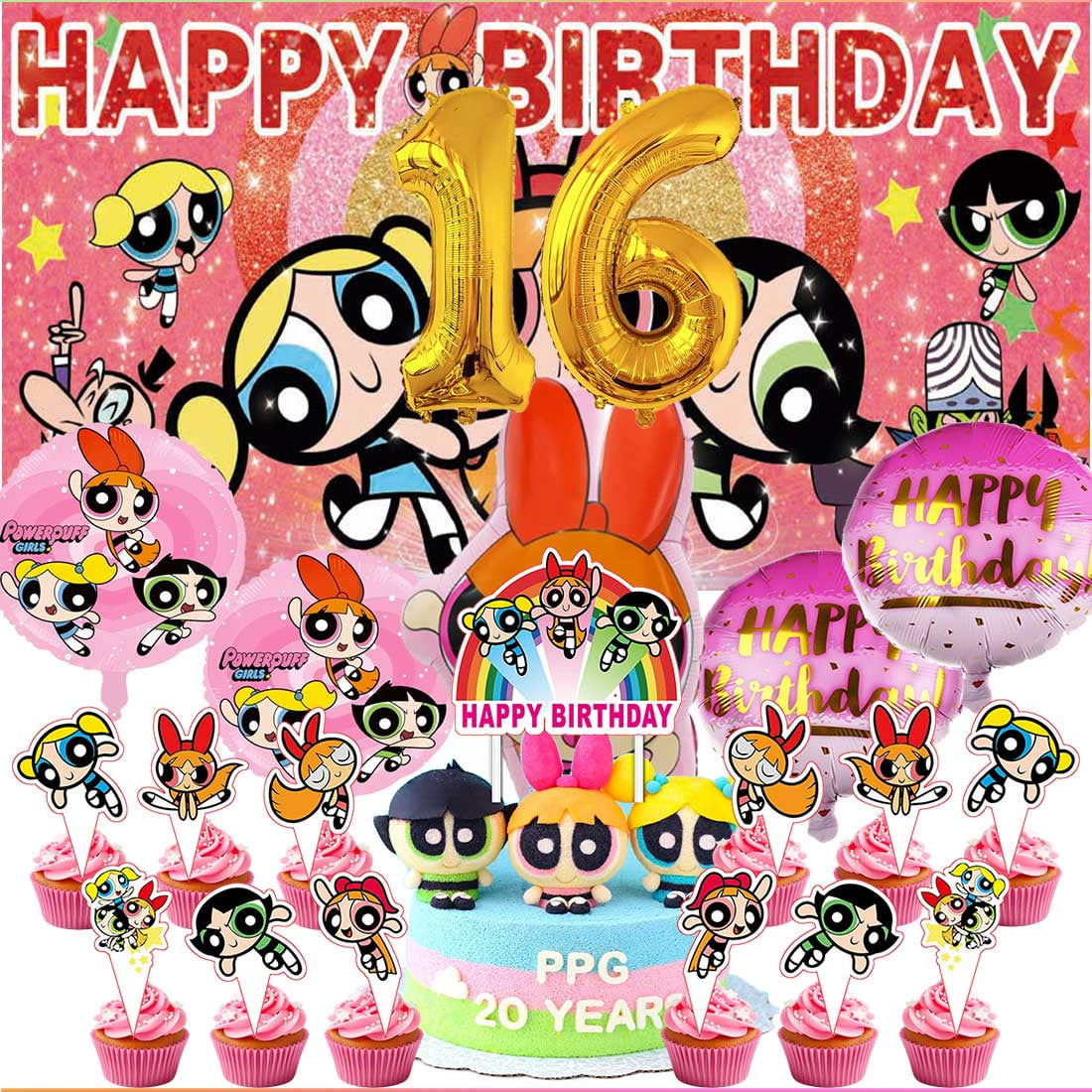 The Powerpuff Girls Party Supplies Decor 16th Kit Balloons Birthday Cake Topper Banner Backdrop ...
