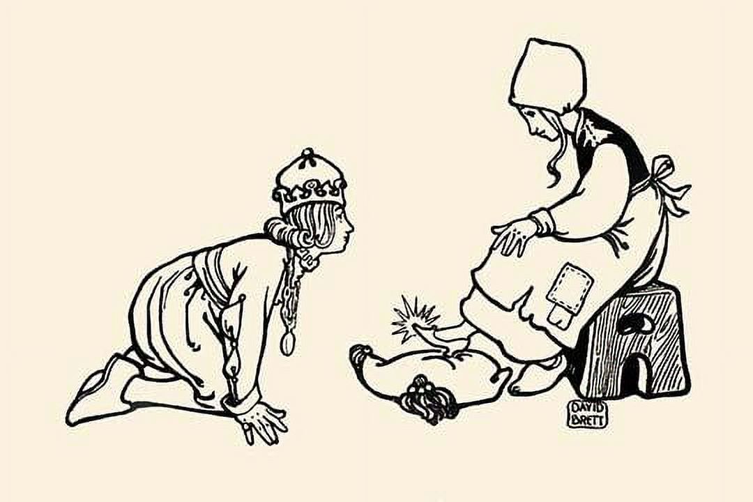 The Prince's herald tries the glass slipper on the maid Cinderella ...