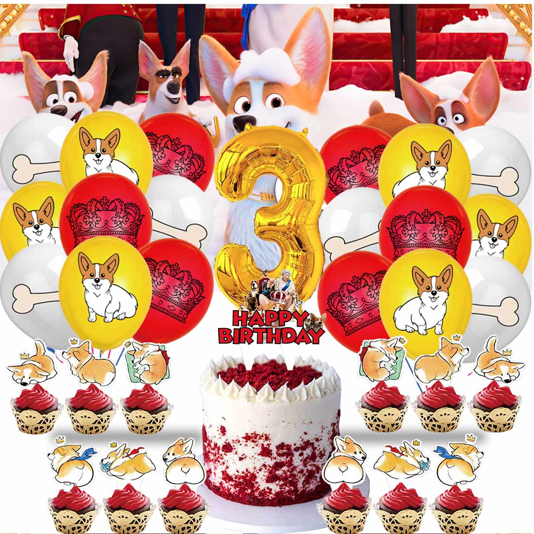 The Queen's Corgi Balloons Party Supplies 3rd Decor Tableware Birthday ...
