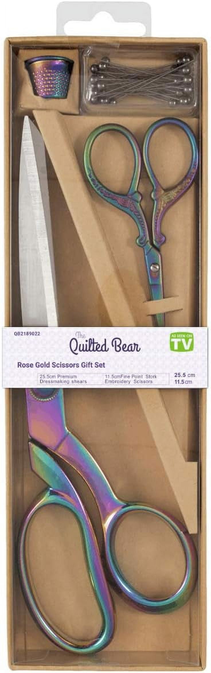 The Quilted Bear 8.5” Dressmaking Scissors, 4” Embroidery Scissors, Thimble & Pins Gift Set ...